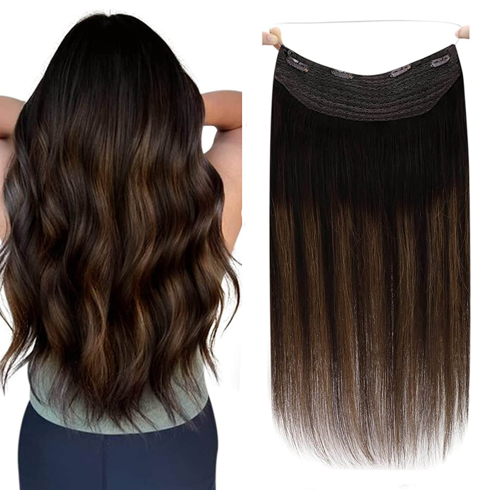 Clip ins Wire Hair Extensions Brown Balayage Color With 4 Clips #2/2/6