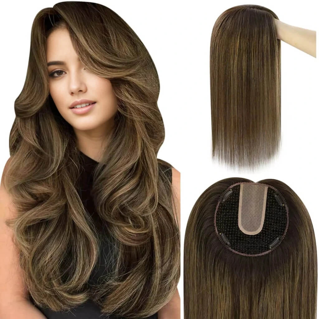 Topper Hair Piece Virgin Hair Balayage Human Hair Fishnet for Women #2/8/2