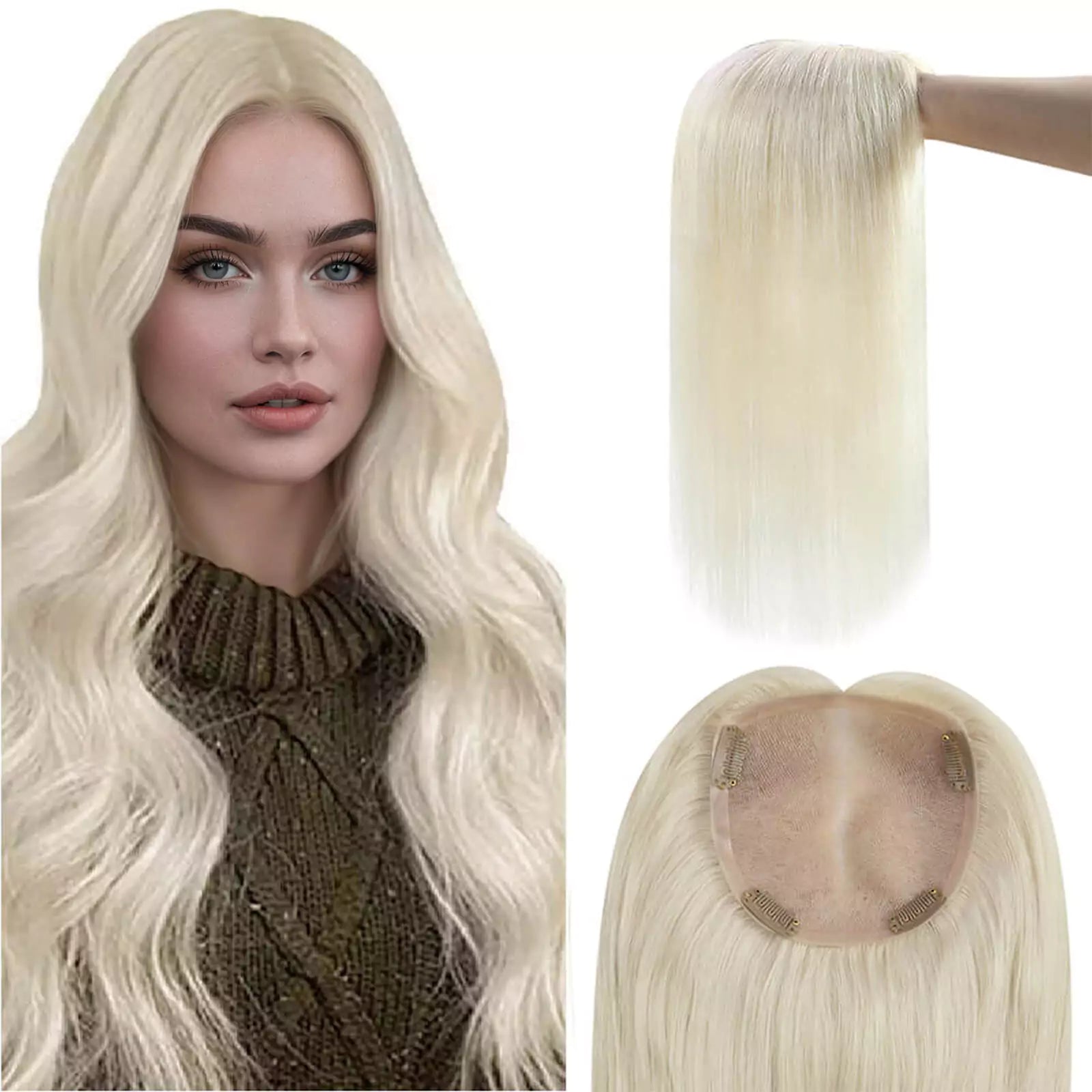 Human Hair Toppers Platinum Blonde Toupee Remy Hair Blonde Color #60