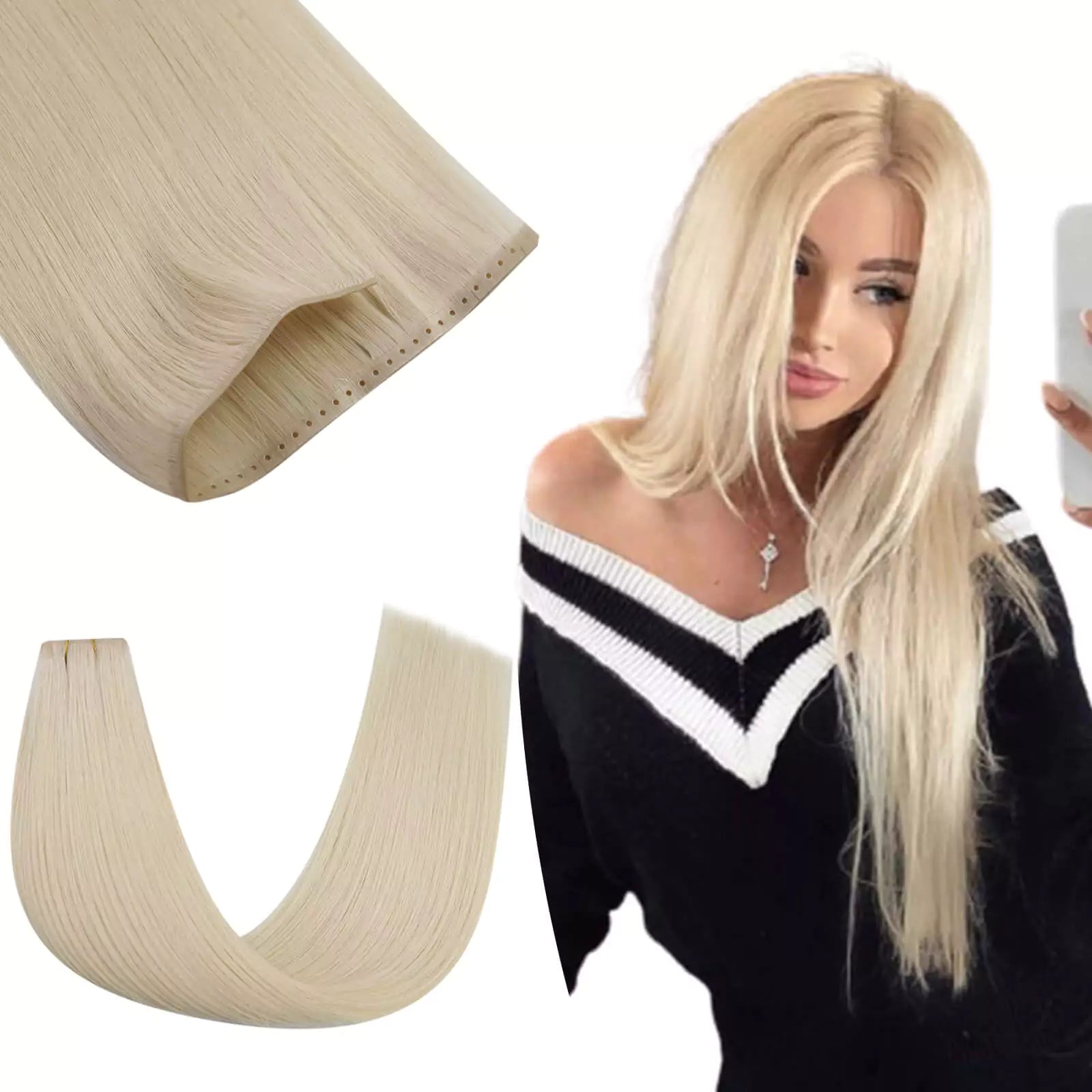 PU Invisible Skin Weft With Holes Virgin Human Hair Platinum Blonde #60