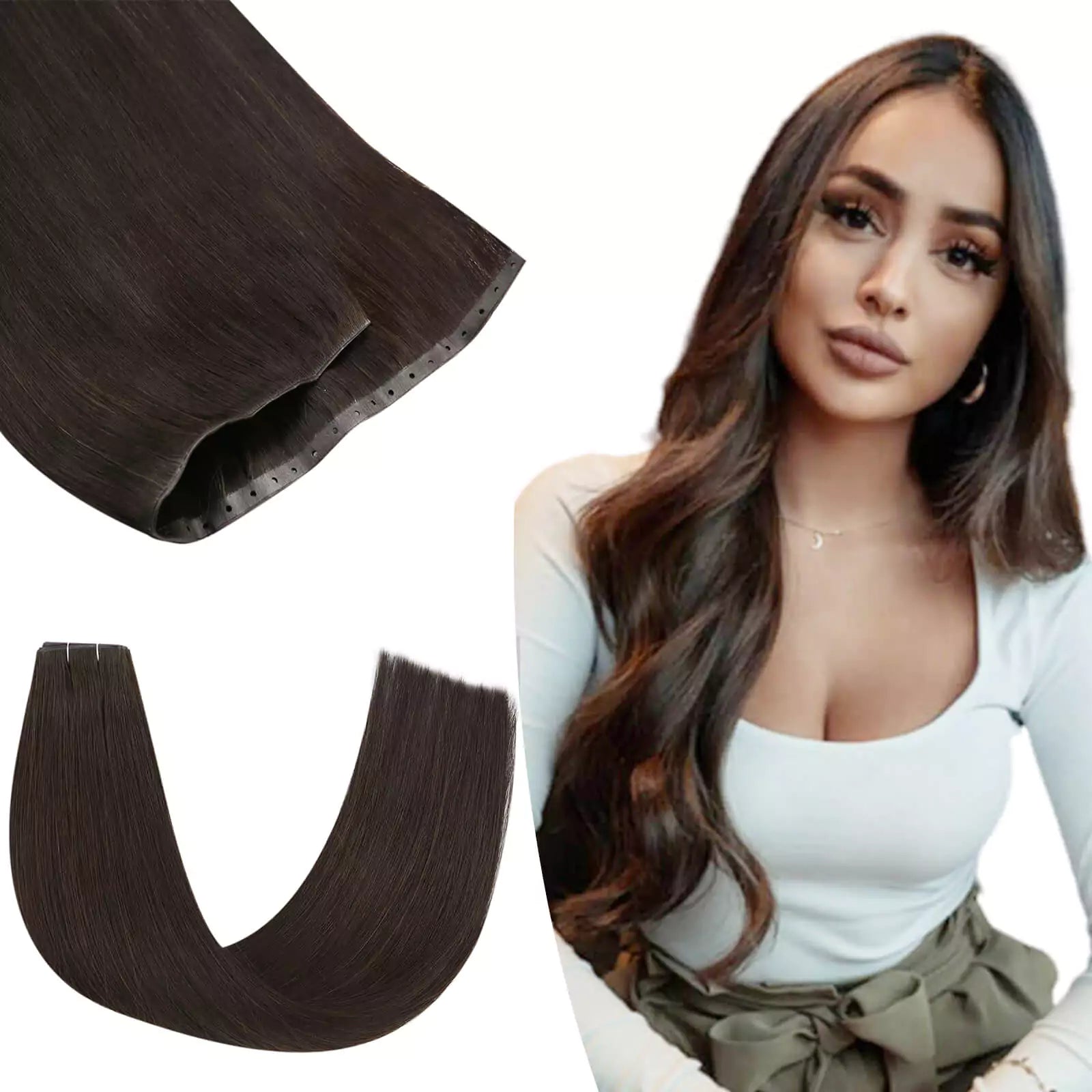 Seamless Inject PU Flat Weft With Hole Human Hair Extensions Brown #2
