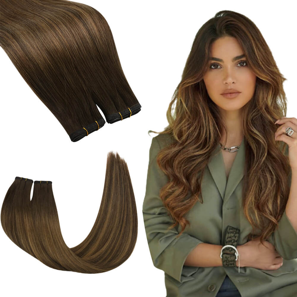 Flat Silk Weft Hair Extensions Balayage Ombre Brown with Blonde #DU