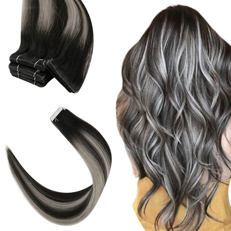 Seamless Injection Tape in Hair Extensions Virgin Human Hair #1B/Silver/1B